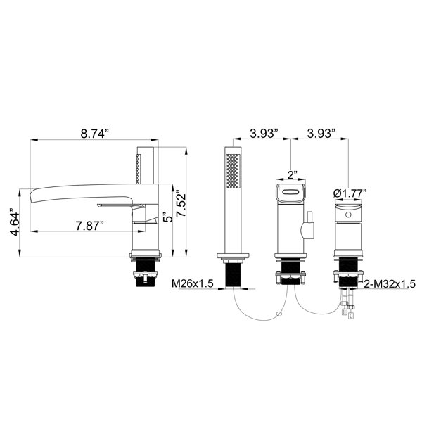 Inhouse Single Handle Deck Mounted Roman Tub Faucet With Hand Shower